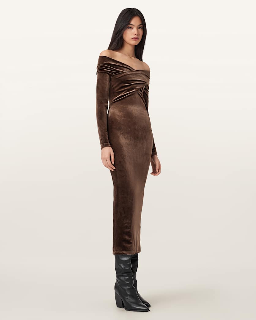 Delta Velvet Midi Dress Bitter Brown | ALLSAINTS